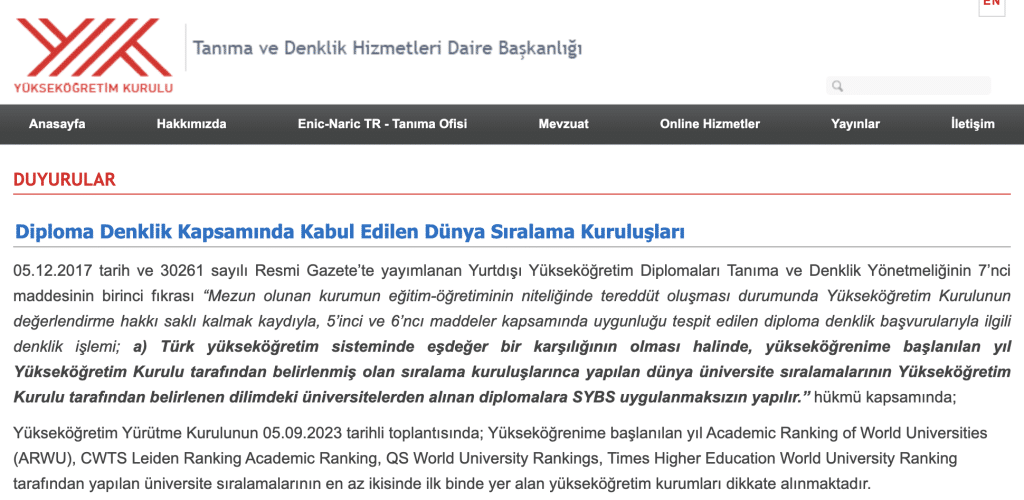 Dünya Üniversite Sıralaması ve YÖK Denkliği - 2024 AKADEMİK HUKUK & DANIŞMANLIK